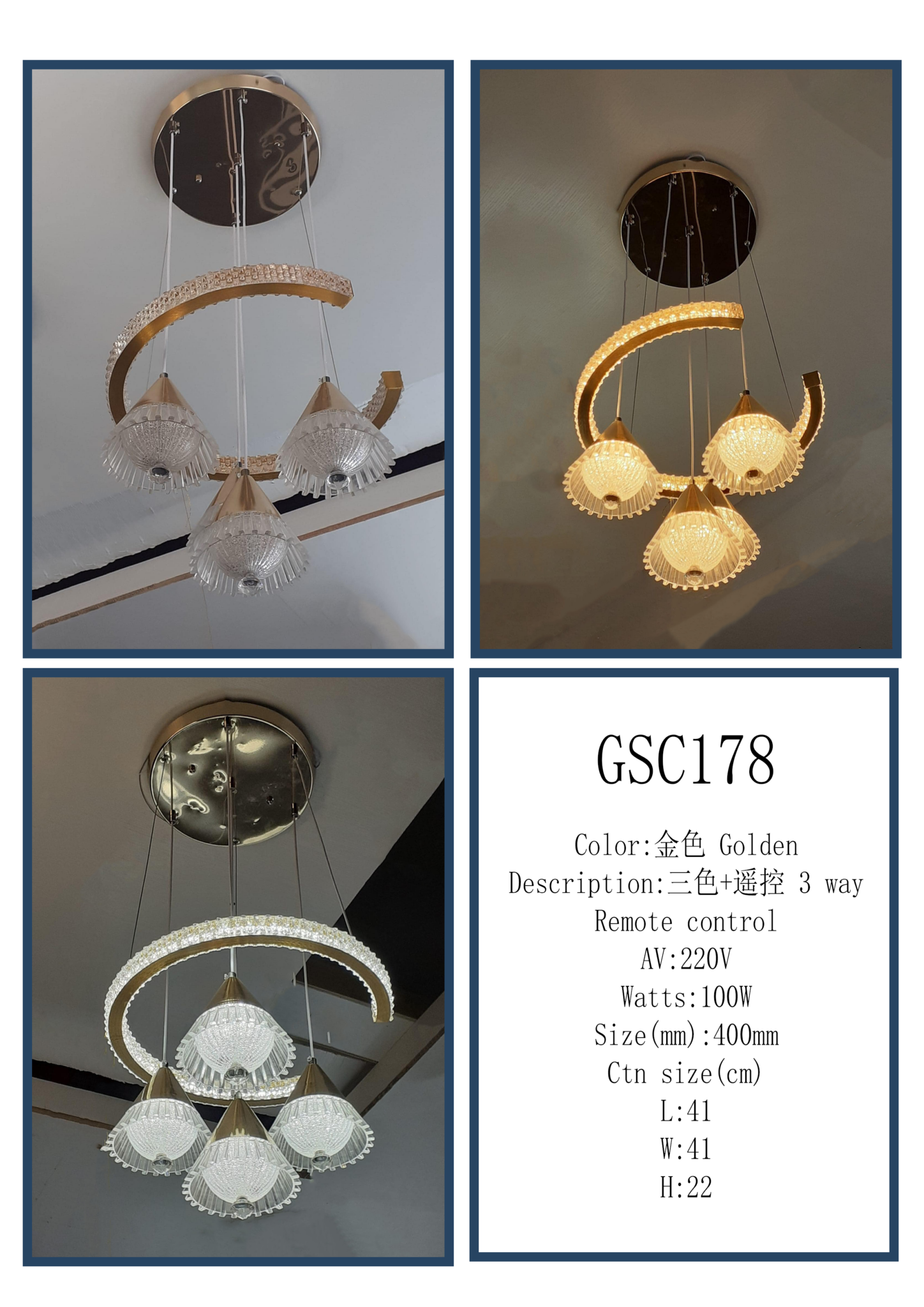 Modern Hanging Chandelier with Large Golden Circle and 4 Asian Hat Lights - Galaxy Empire